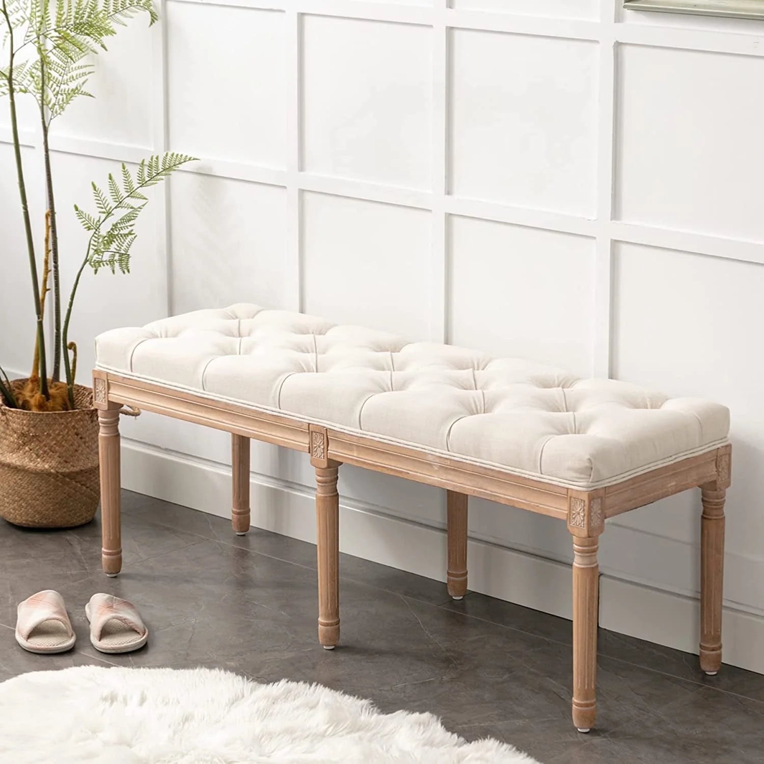 Bonzy Home Upholstered Tufted Storage Bench, 47” French Vintage Wood B
