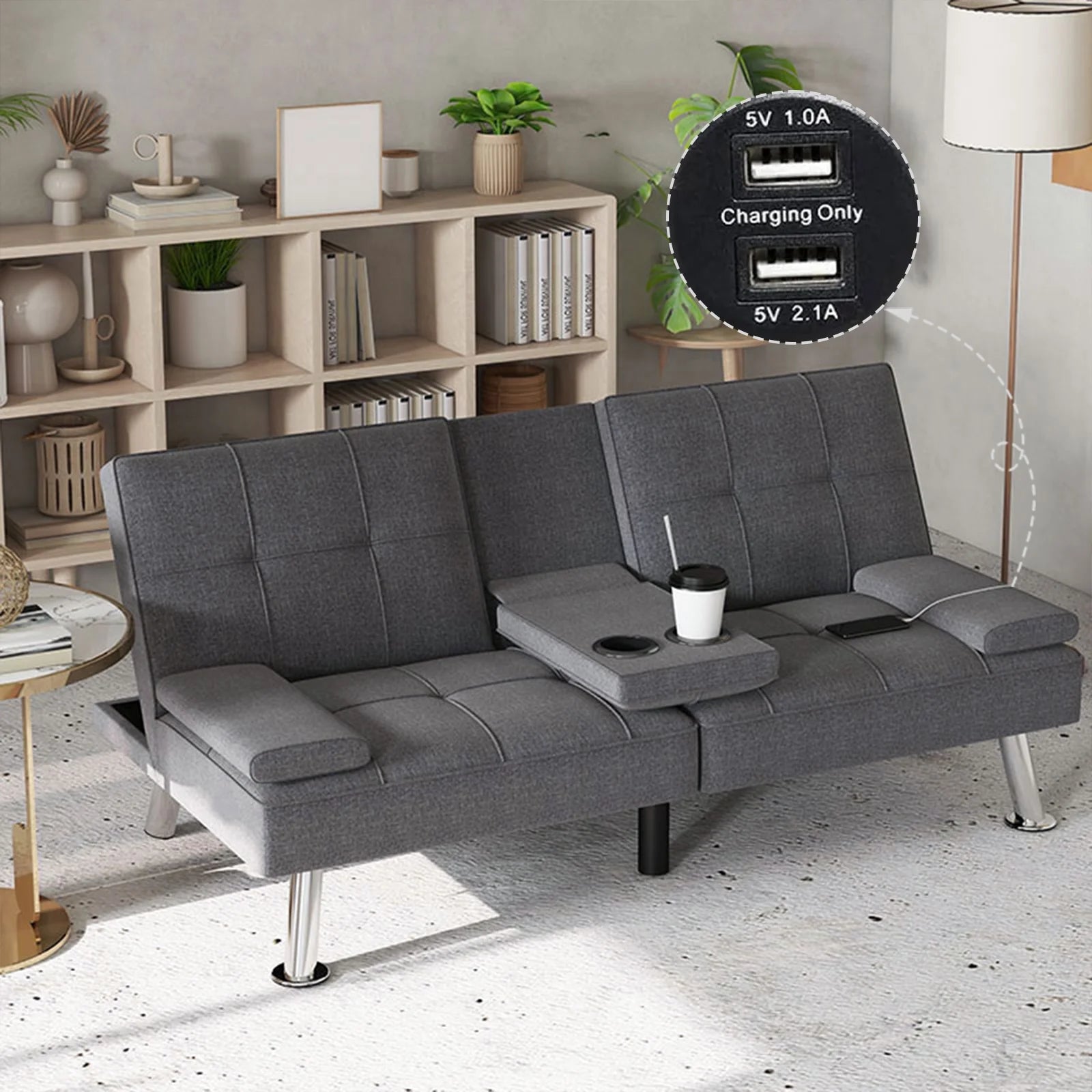 Bonzy Home Futon Versatile Sofa Bed with Cup Holders USB Port Foldable