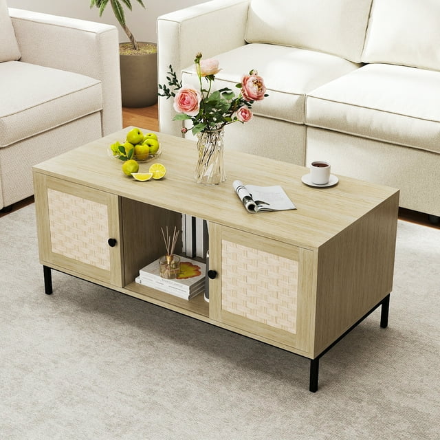 Bonzy Home End Table with Rattan Sliding Doors, Mid Century Modern Cen