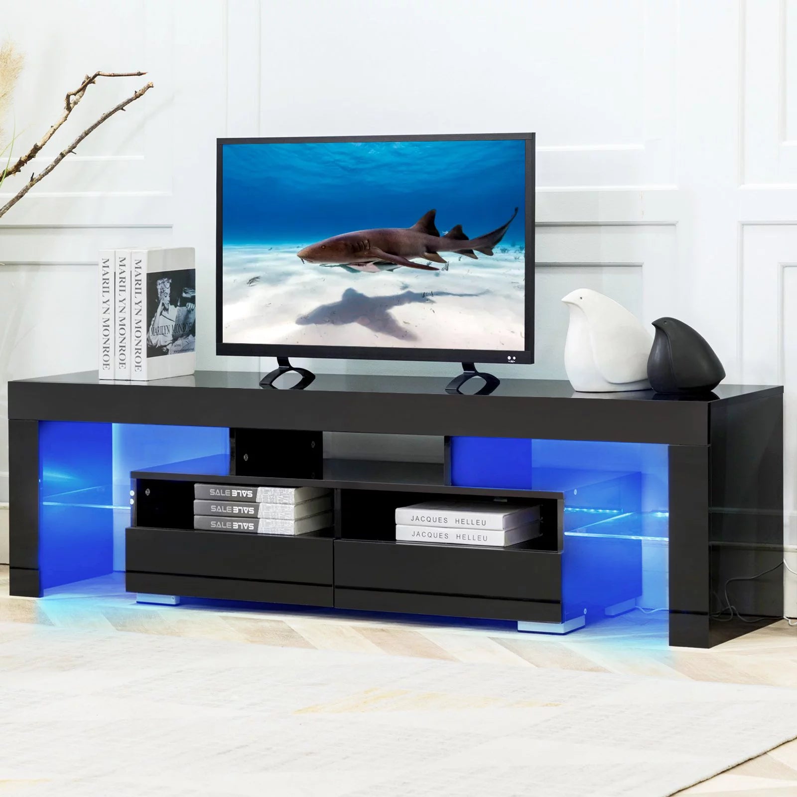 Bonzy Home High Glossy TV Stand for 70 Inch TVs with LED Light, Modern