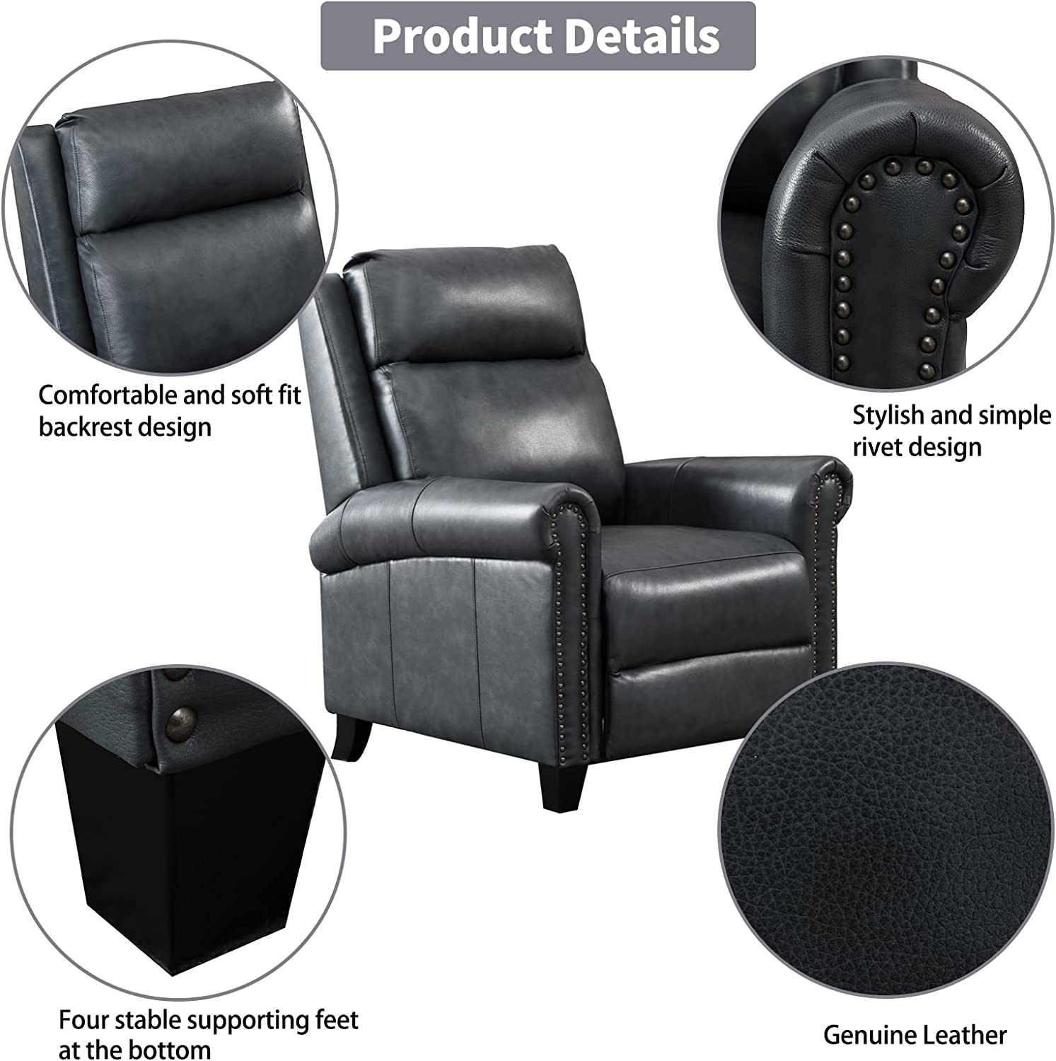 Genuine Leather Recliner Chair, Classic and Traditional Push Back Recl