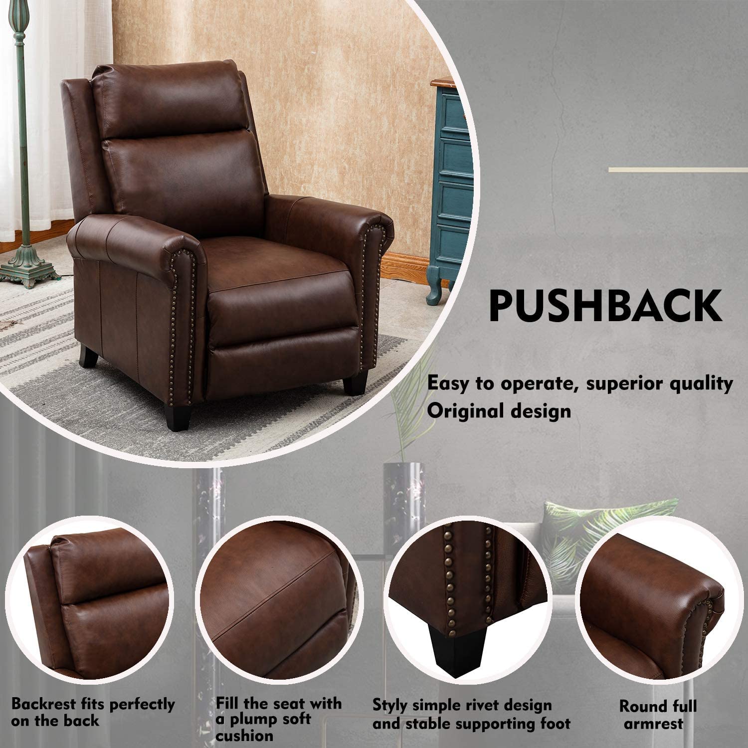 Genuine Leather Recliner Chair, Classic and Traditional Push Back Recl